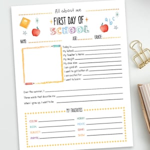 Back to School Kids Printable Questionnaire, First Day of School ...