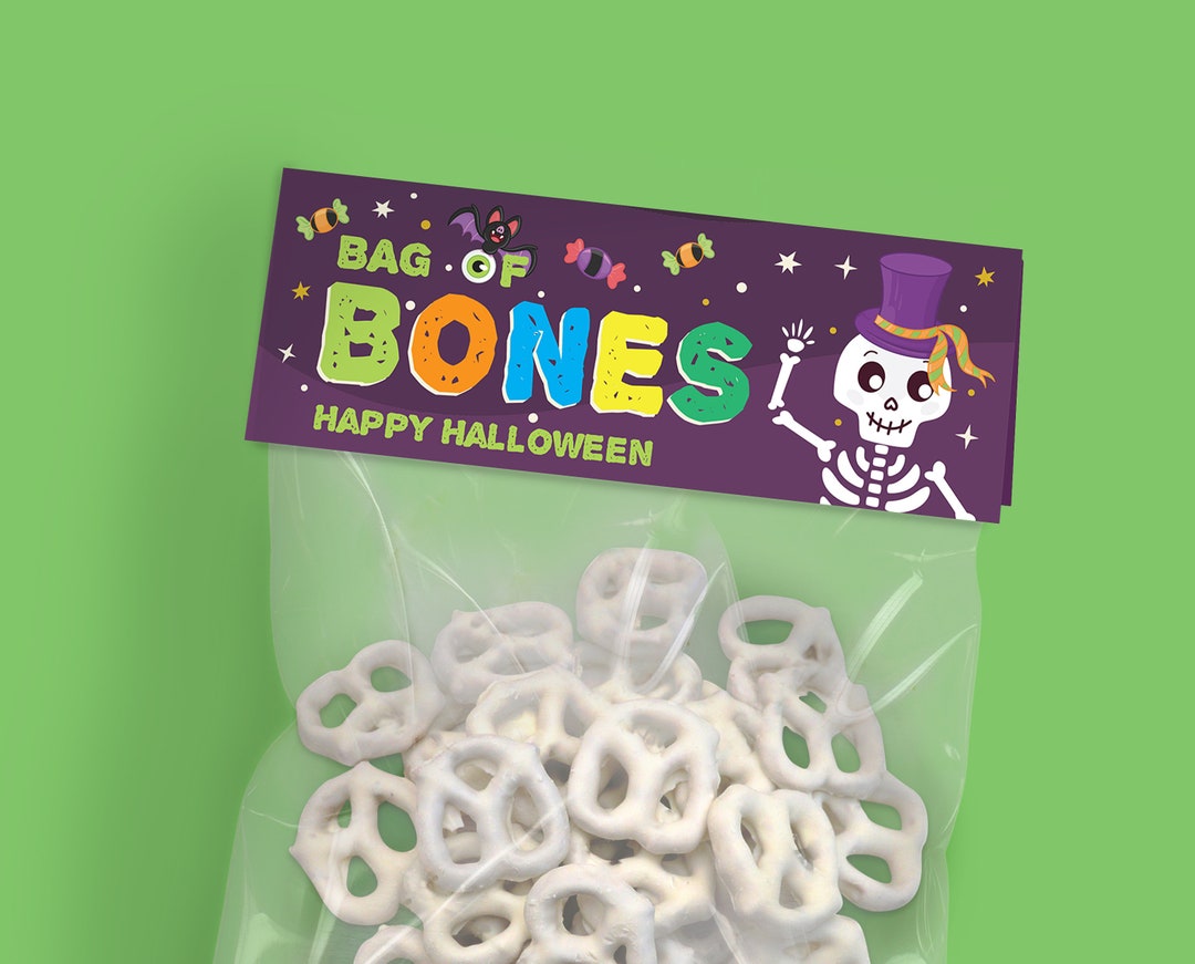 Bag of Bones Bag Topper, Halloween Favor Tags, Skeleton Bones Treat Bag ...