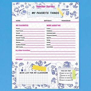 Teacher Favorite Things Printable, Teacher Survey, All About My Teacher ...