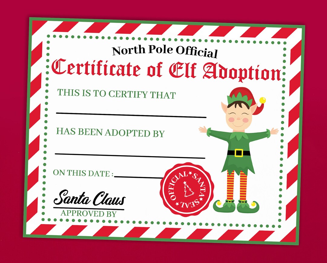 Elf Adoption Certificate Elf Adoption Letter Instant - Etsy