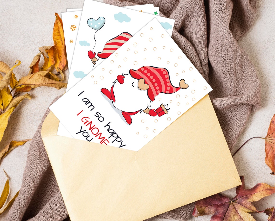 Gnome Valentine Card Set Printable Valentine Gnome Card | Etsy