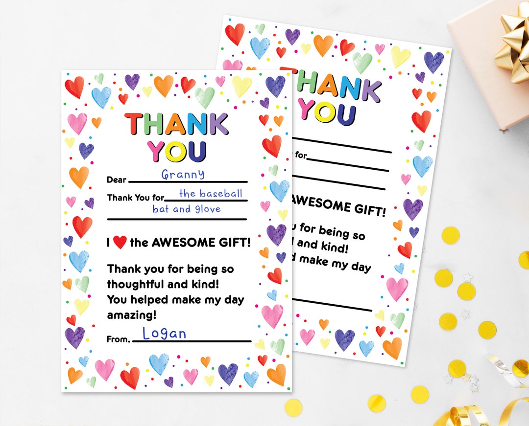 Printable Fill-in Thank You Cards for Kids, Rainbow Hearts (PDF) - Etsy