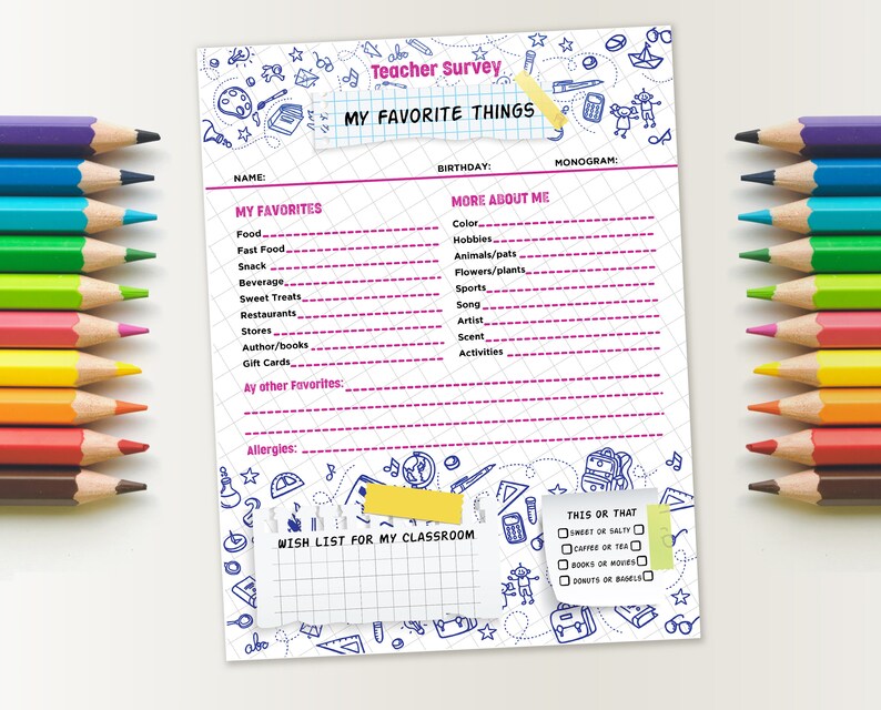 Teacher Favorite Things Printable Teacher Survey All About - Etsy