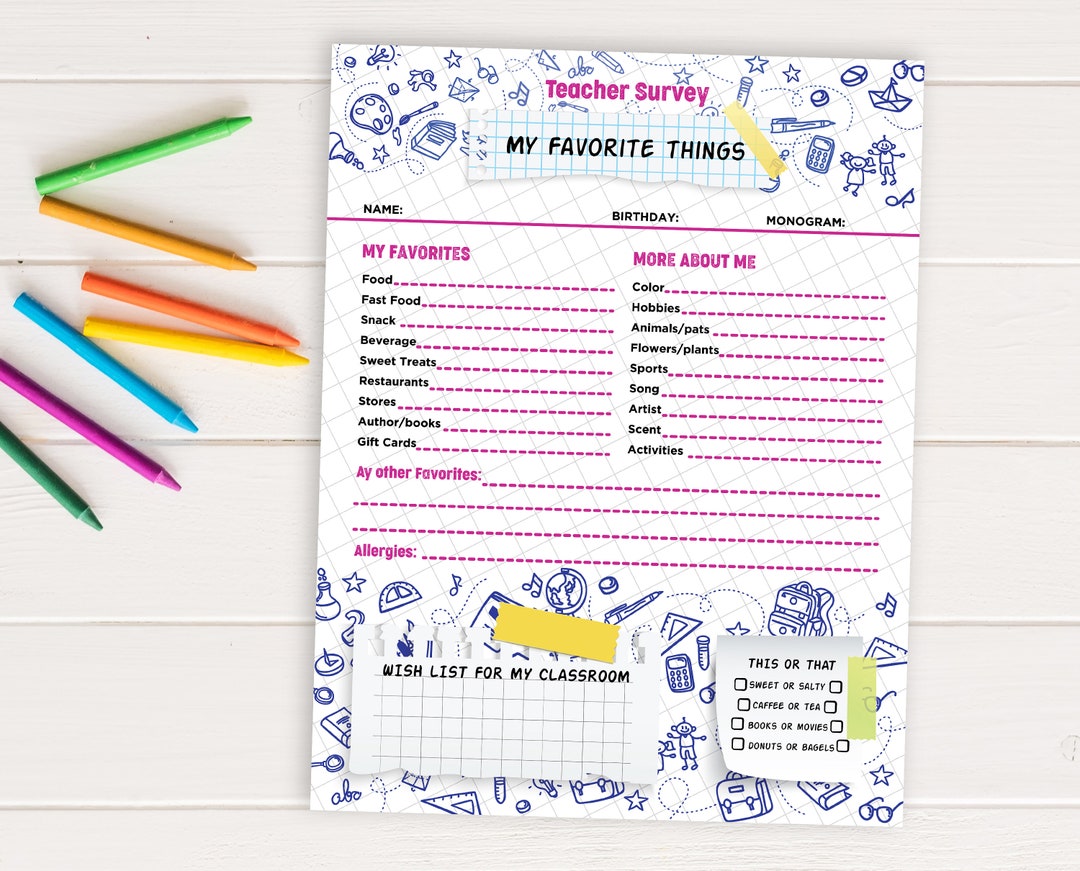 Teacher Favorite Things Printable Teacher Survey All About - Etsy