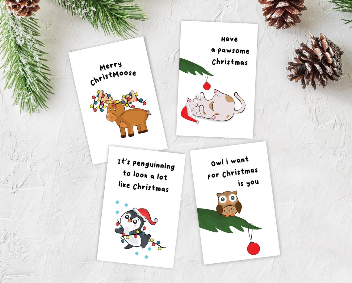 Punny Christmas Cards Pack of 4 Funny Christmas Cards Animal - Etsy