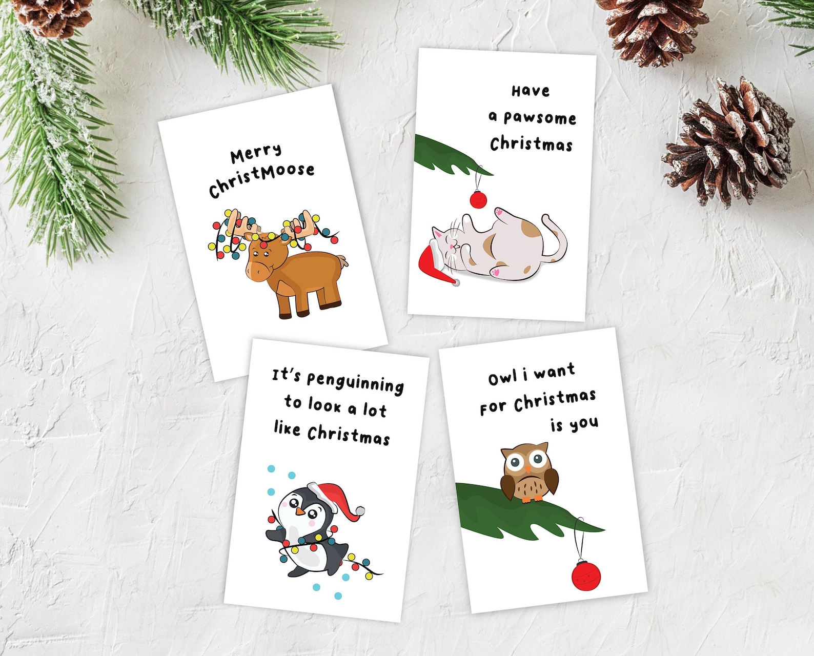 Punny Christmas Cards, Pack of 4 Funny Christmas Cards, Animal ...