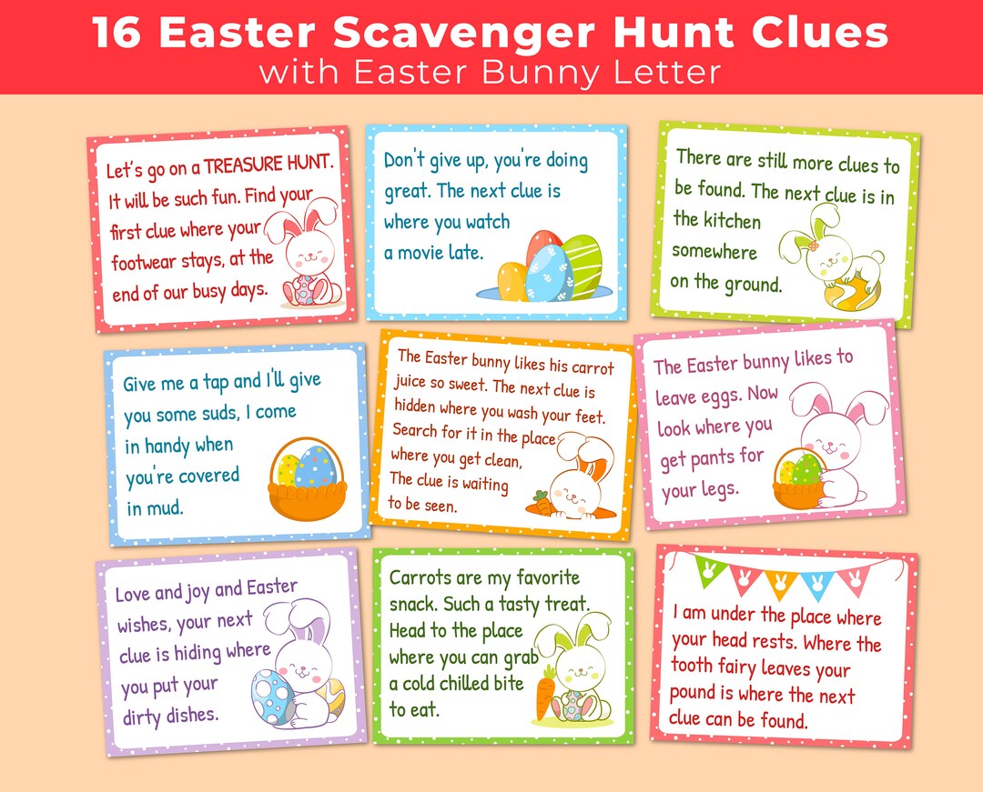 Indoor Easter Scavenger Hunt, Kids Treasure Hunt Clue Cards, Easter Egg ...