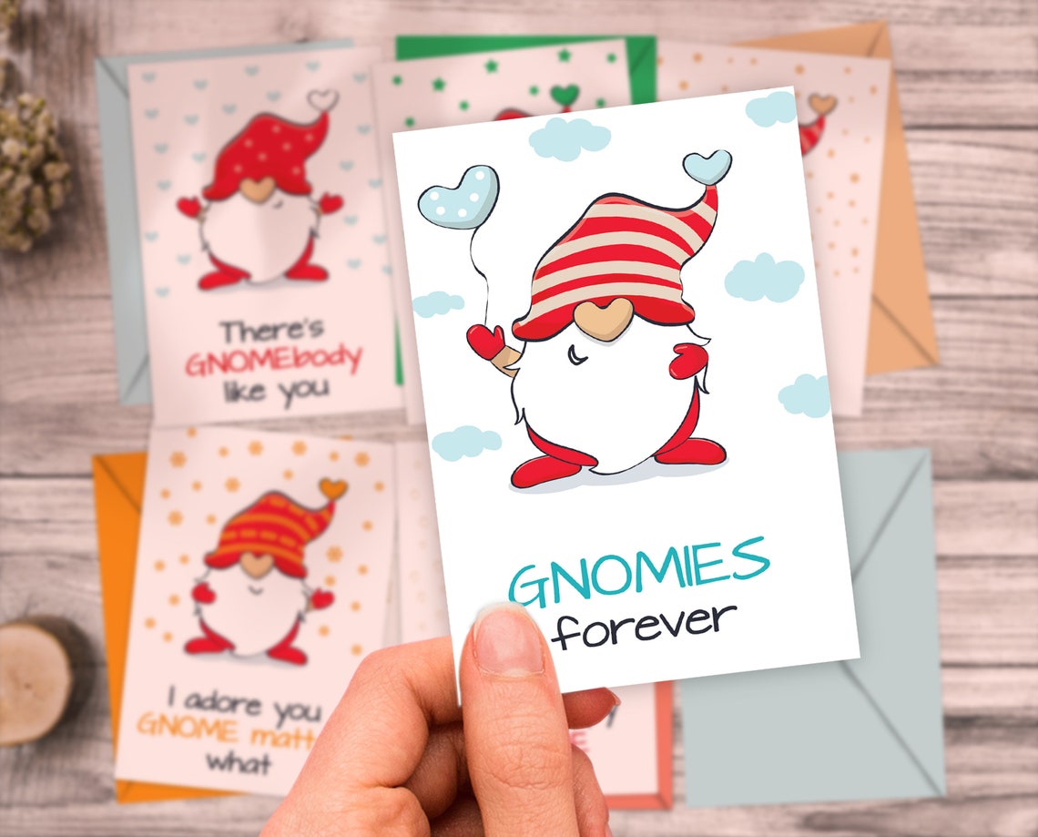 Gnome Valentine Card Set Printable Valentine Gnome Card | Etsy
