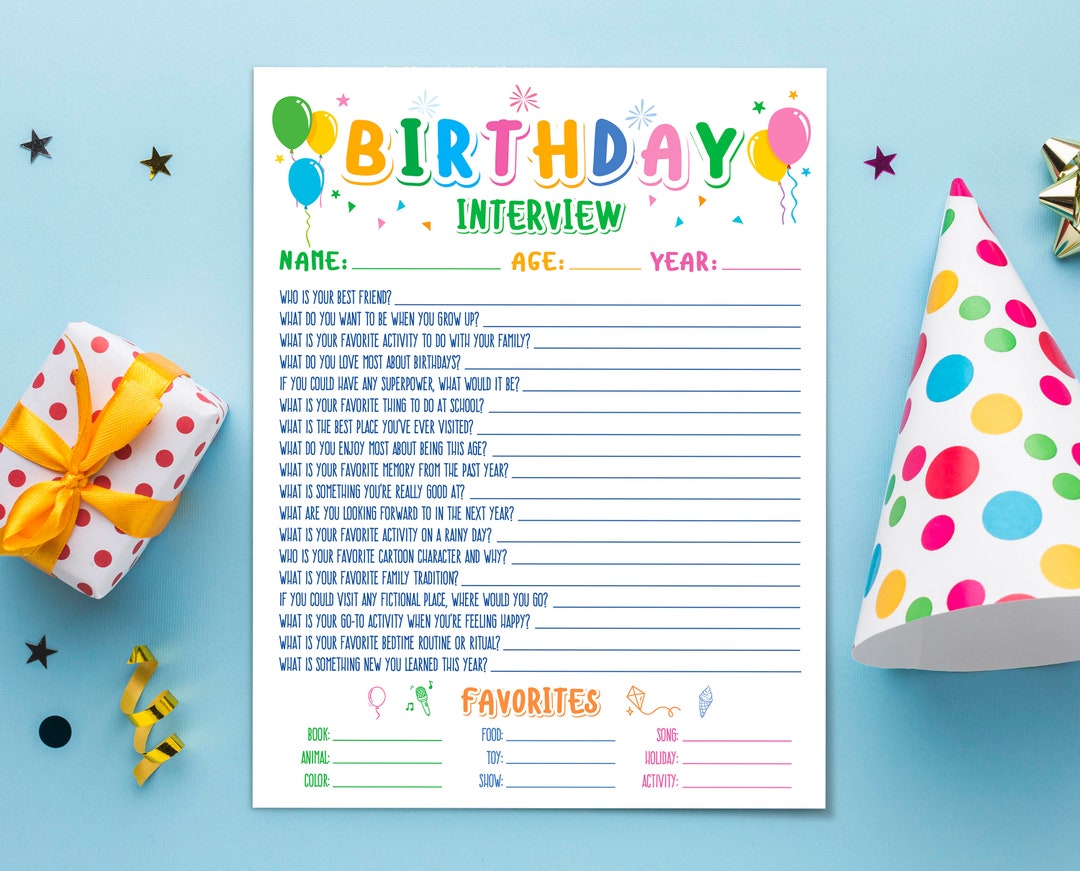Kids Birthday Interview, All About Me Questionnaire, Birthday Keepsake ...