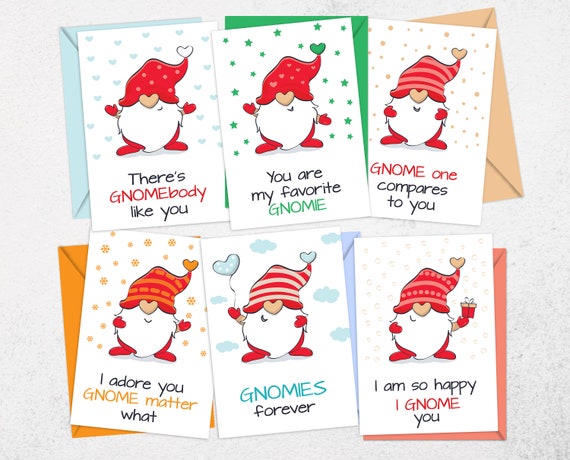 Gnome Valentine Card Set Printable Valentine Gnome Card | Etsy