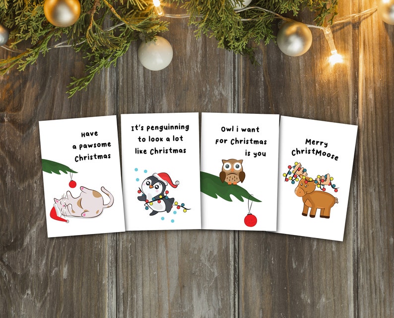 Punny Christmas Cards Pack of 4 Funny Christmas Cards Animal - Etsy