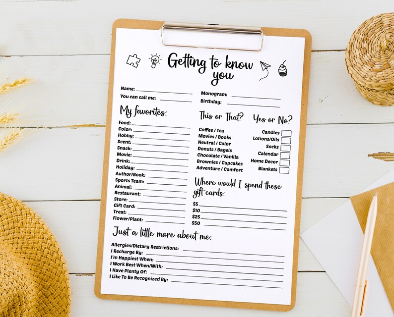 Getting to Know You Printable Survey, Coworker Questionnaire (PDF/JPG ...
