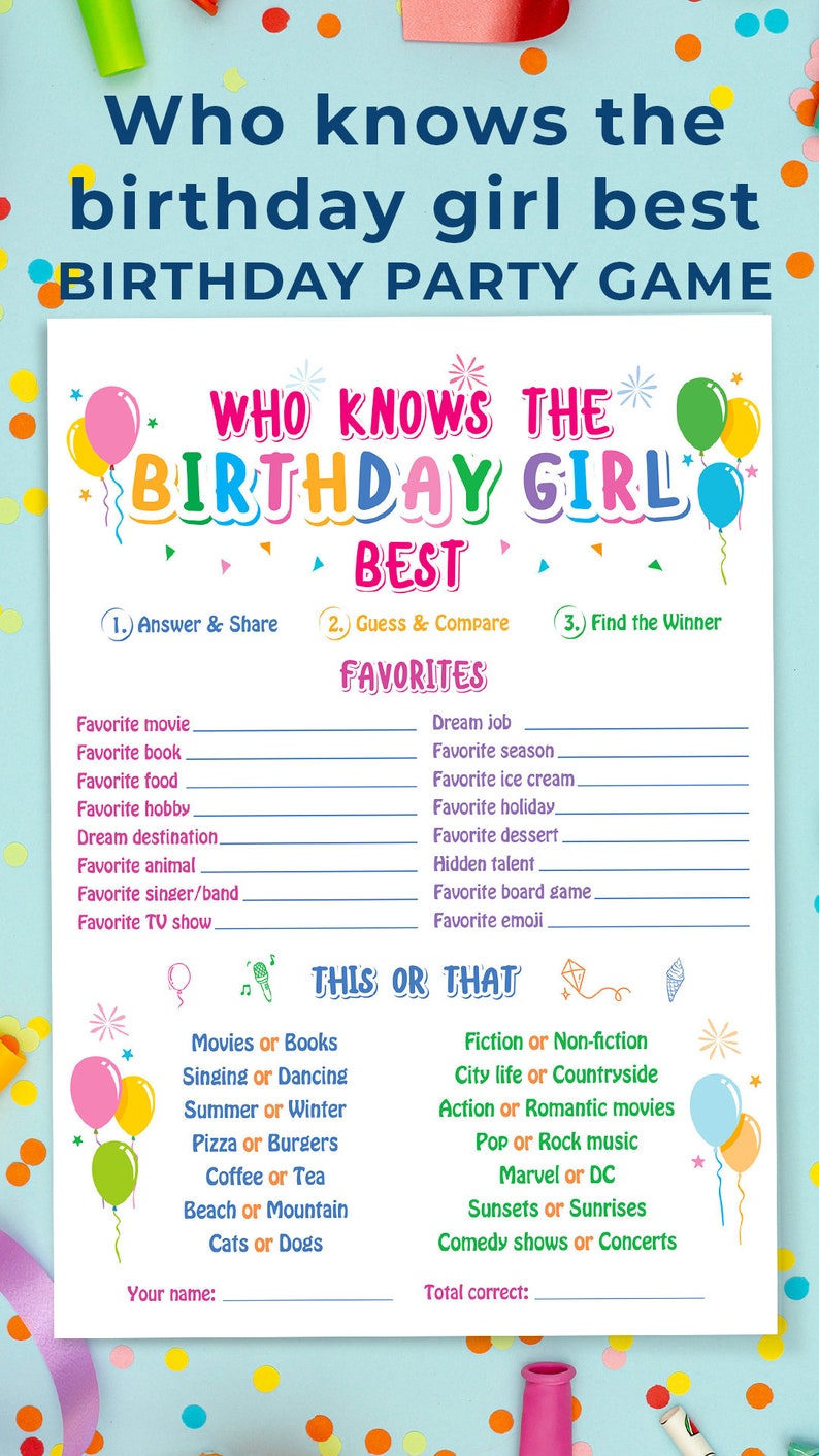Birthday Girl Trivia Quiz Game, Printable Birthday Activity (PDF, JPG ...