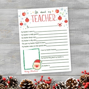 All About My Teacher Christmas Printable, Teacher Appreciation ...