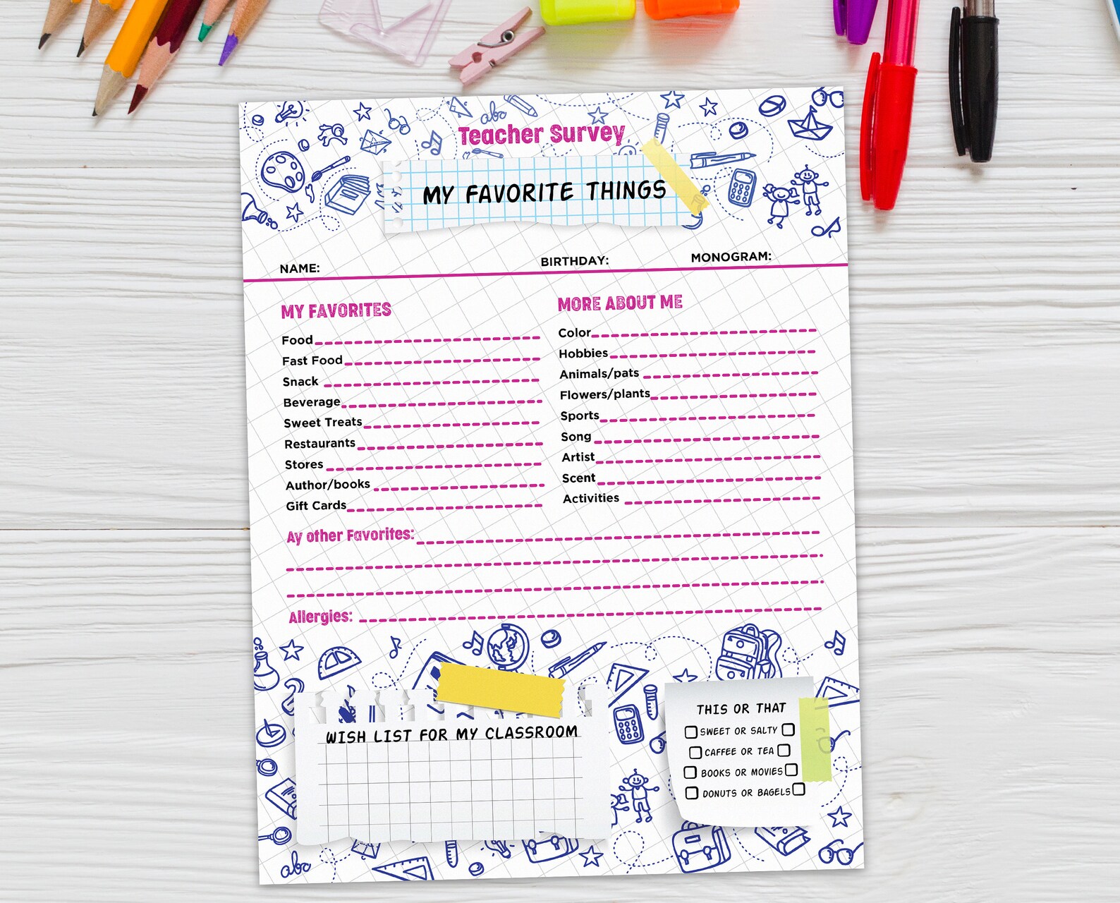 Teacher Favorite Things Printable Teacher Survey All About - Etsy
