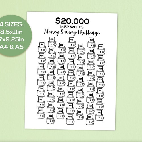 20K Savings Challenge Savings Tracker Money Challenge 52 | Etsy