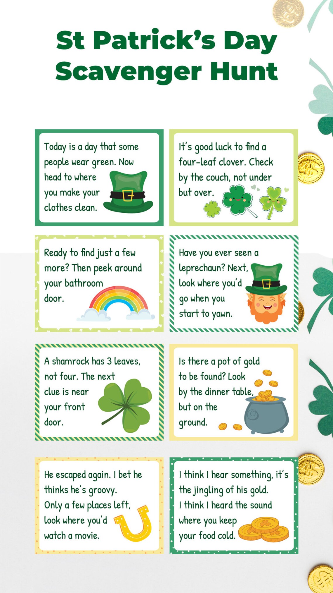 Kids St Patrick's Day Scavenger Hunt, Leprechaun Trap Clue Cards ...