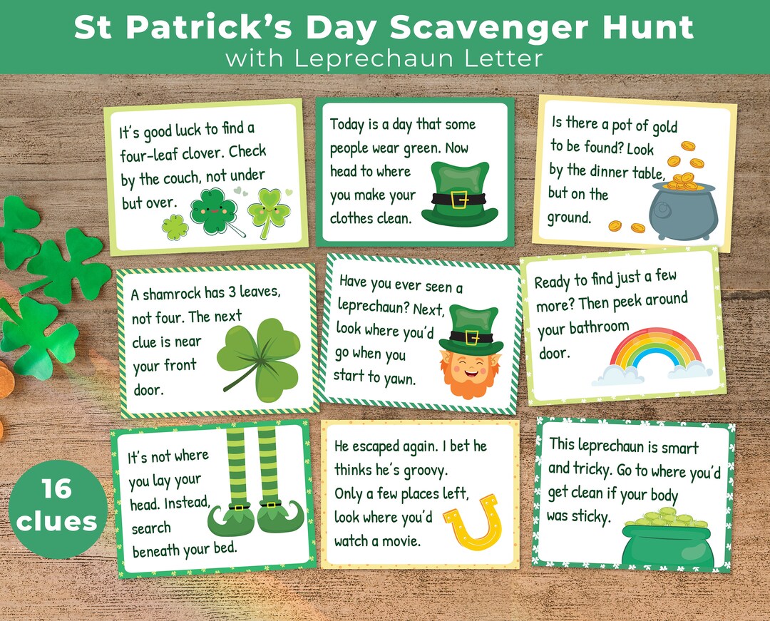 Kids St Patricks Day Scavenger Hunt, Leprechaun Trap Clue Cards, St ...
