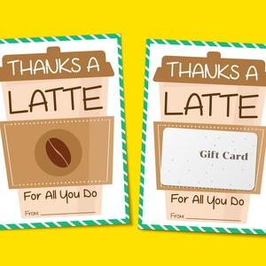 Thanks a Latte Coffee Gift Card Holder: Teacher Appreciation (PDF) - Etsy