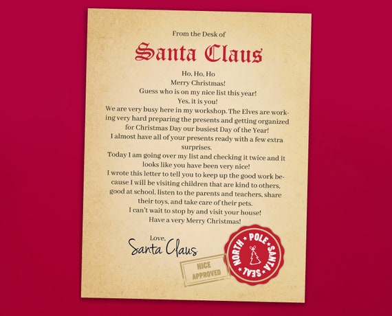 Letter From Santa Clause Letter From Father Christmas Santa - Etsy