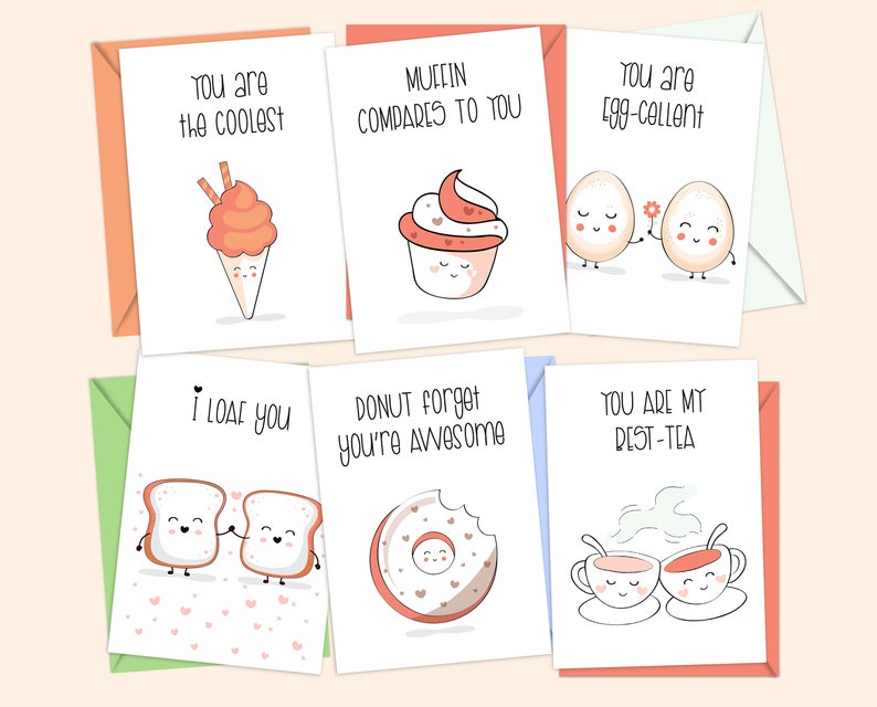 Cute Food Pun Cards Set of 6 Food Pun Cards Set Funny Cards - Etsy