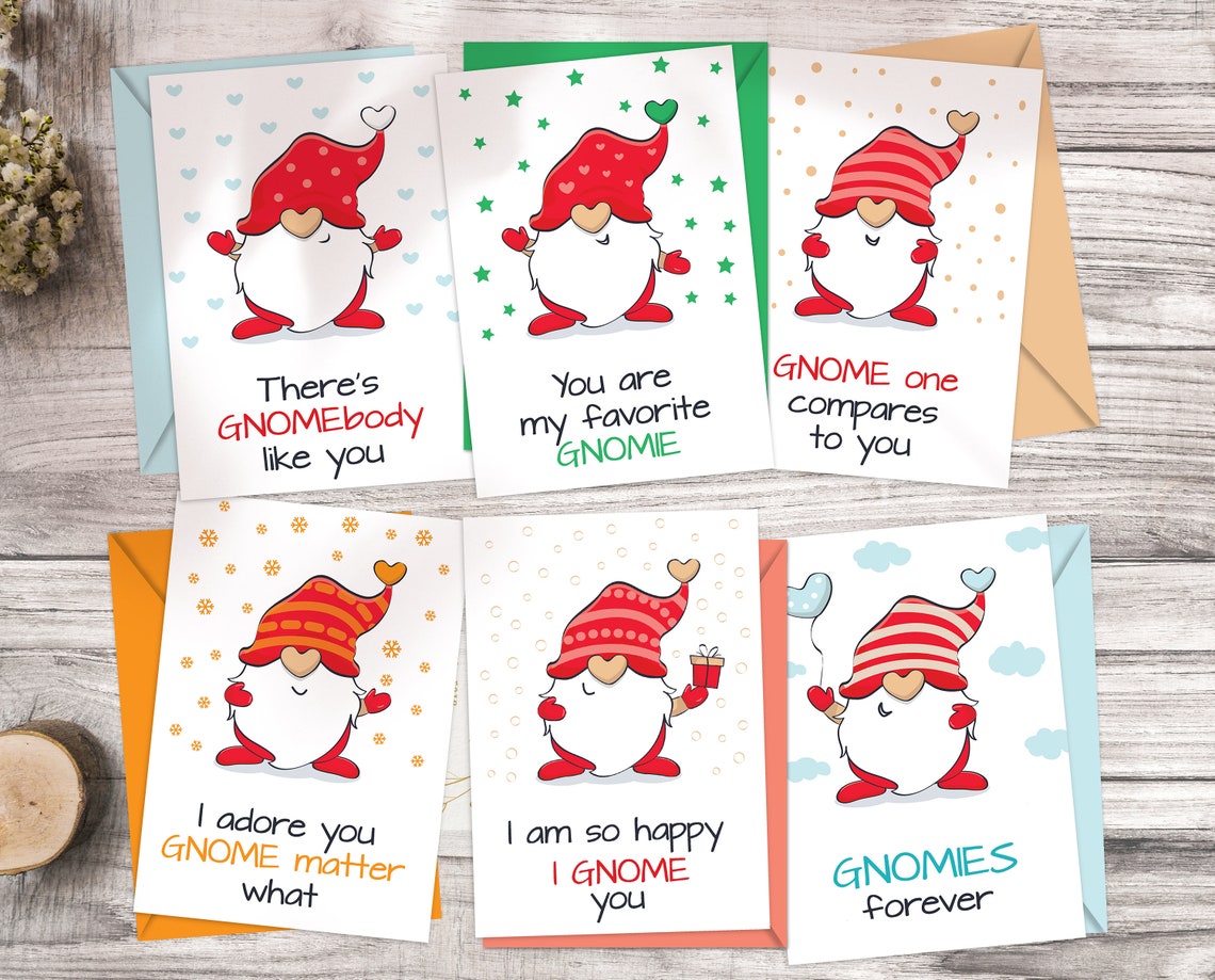 Gnome Valentine Card Set Printable Valentine Gnome Card | Etsy
