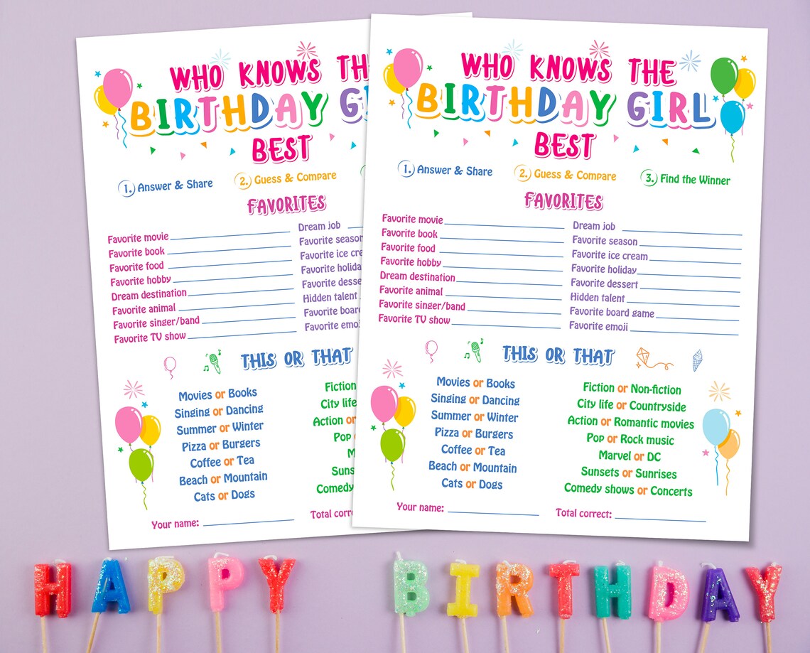Birthday Girl Trivia Quiz Game, Printable Birthday Activity (PDF, JPG ...