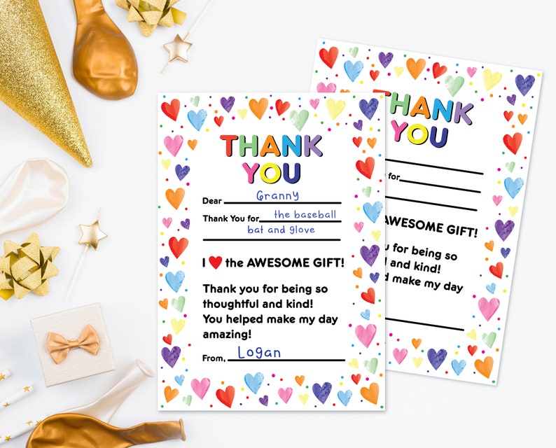 Printable Fill-in Thank You Cards for Kids, Rainbow Hearts (PDF) - Etsy