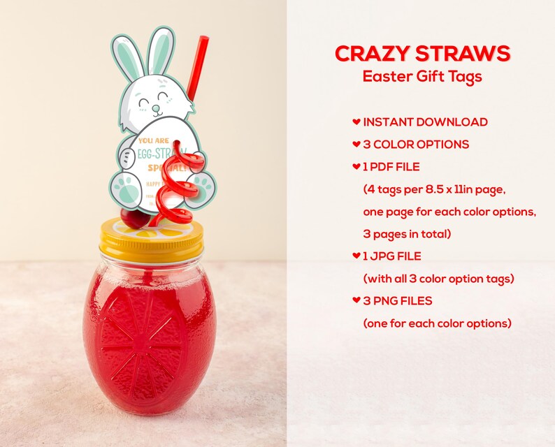 Crazy Straw Easter Gift Tags Printable, Bunny Straw Holders (PDF) - Etsy