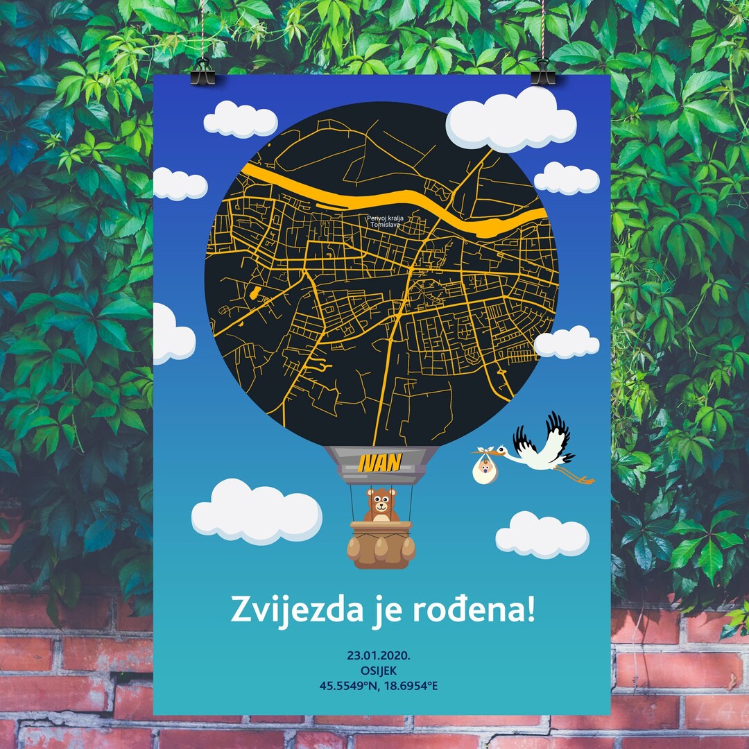 Custom Kids City Map Baby Present, Custom Location Map, Precise Town ...