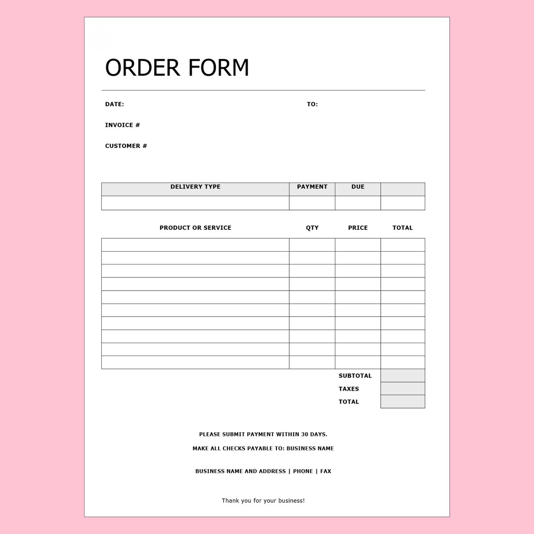 Word Order Form Template Editable Small Business Form Crafters Order ...