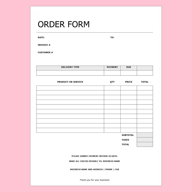 Word Order Form Template Editable Small Business Form Crafters Order ...