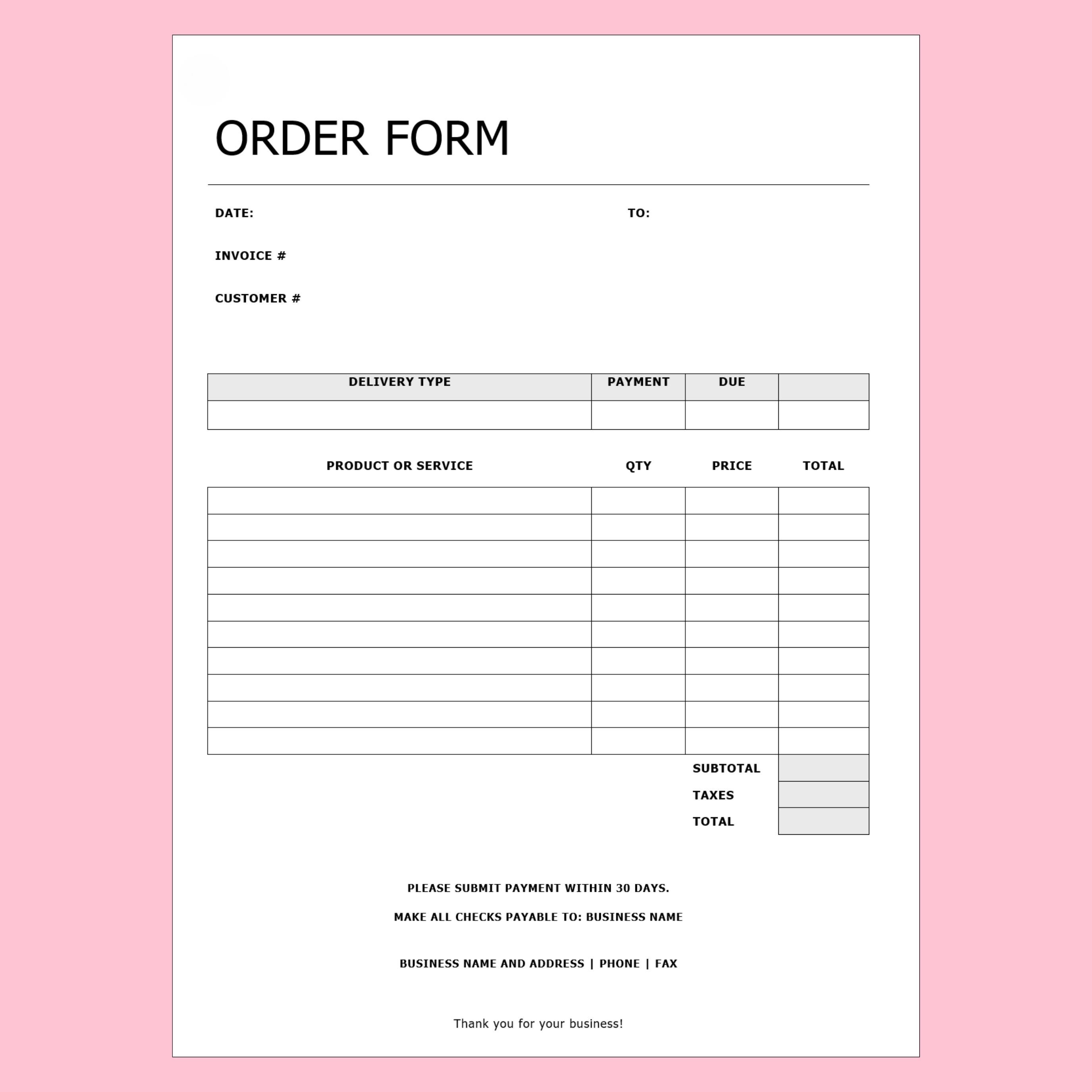 Word Order Form Template Editable Small Business Form Crafters Order ...