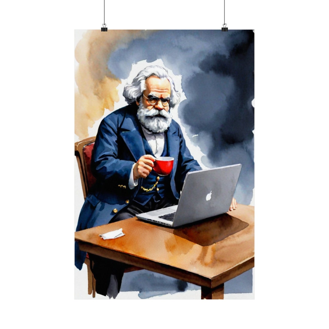 Karl Marx Working on His Laptop Drinking A Latte Matte Vertical Poster ...