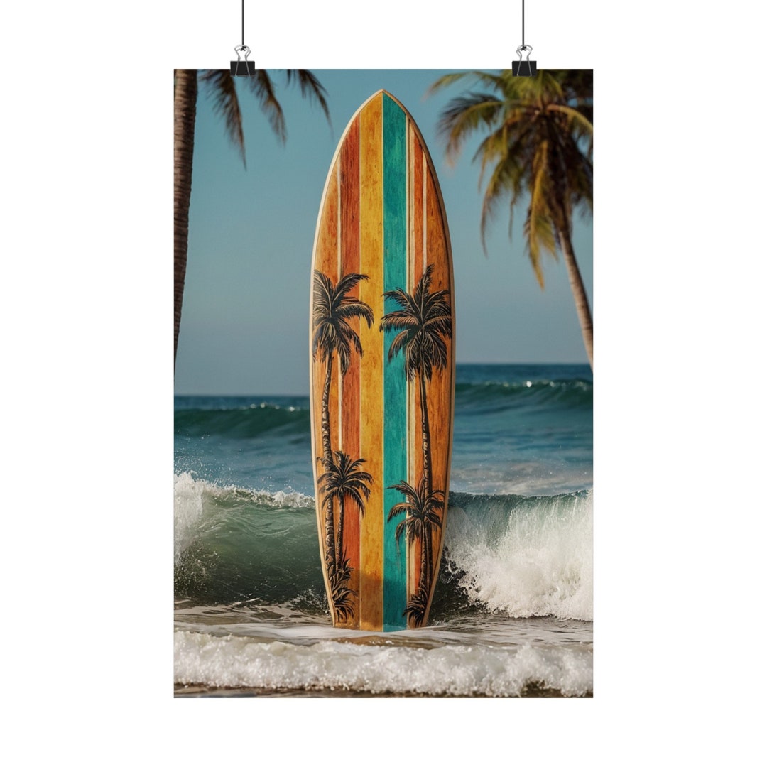 Surf Poster Retro Longboard Sunset Matte Vertical Poster - Ocean Print ...