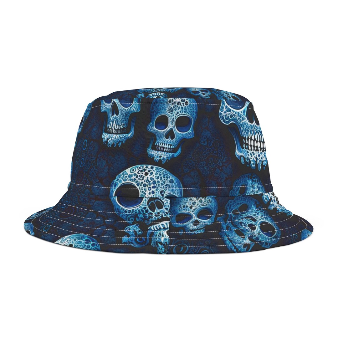 Vintage Blue Goth Skulls Bucket Hat | Psychedelic Gothic Skull Goth Emo ...
