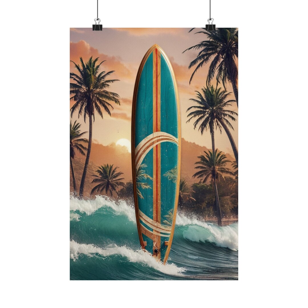 Surf Poster Retro Longboard Sunset Matte Vertical Poster - Ocean Print ...