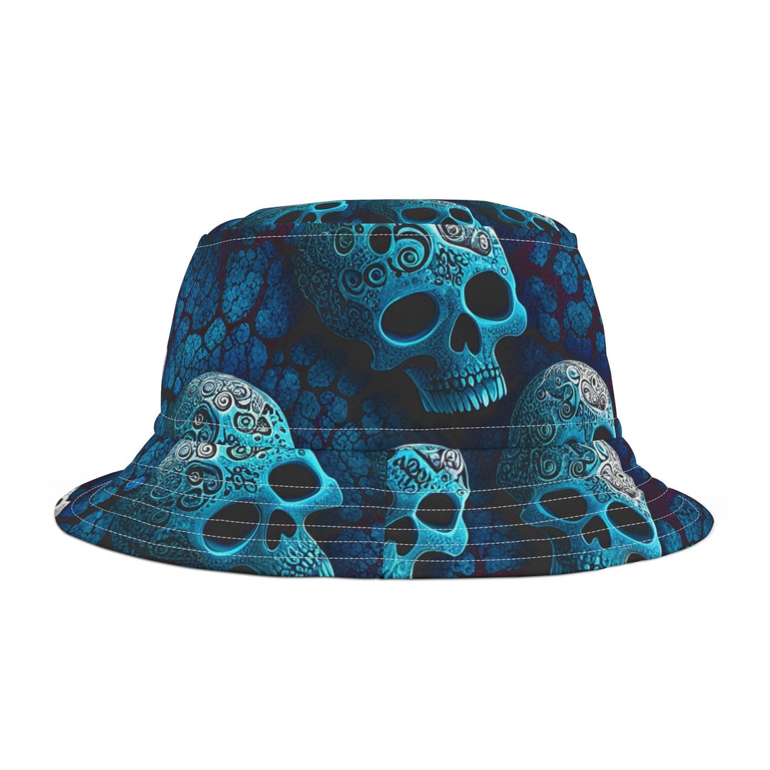 Trippy Blue Vintage Goth Skulls Bucket Hat | Psychedelic Gothic Skull ...