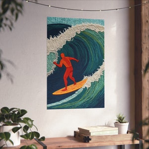 Surf Poster PRINTED Embroidered Surfer & Wave Matte Vertical Poster ...