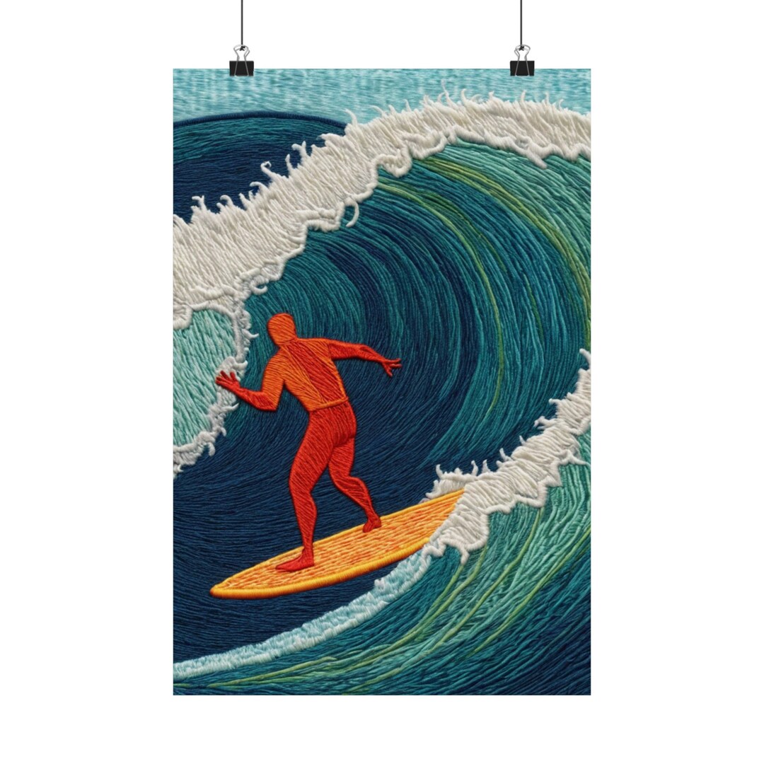 Surf Poster PRINTED Embroidered Surfer & Wave Matte Vertical Poster ...