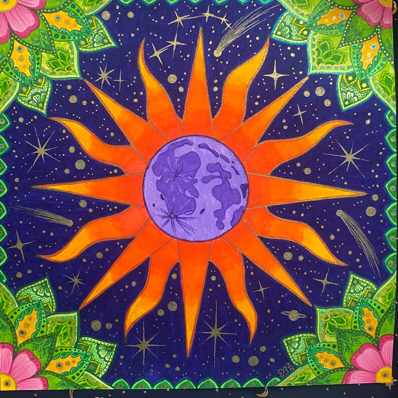 Solar Eclipse Sun Moon Original Drawing Glitter Mandala Celestial ...