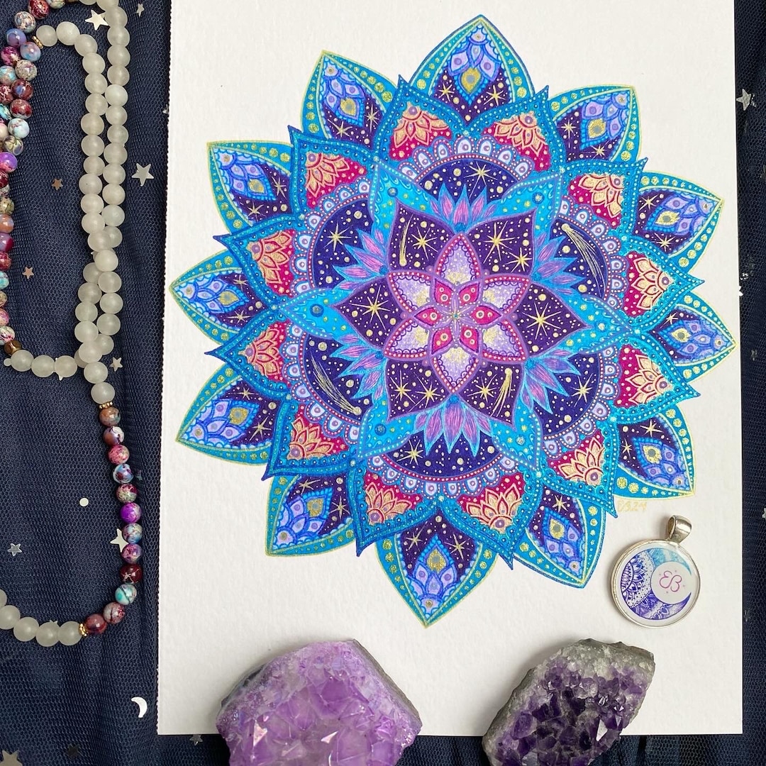 Original Mandala Art Framable Drawing Blue and Purple Sparkly Wall Art ...