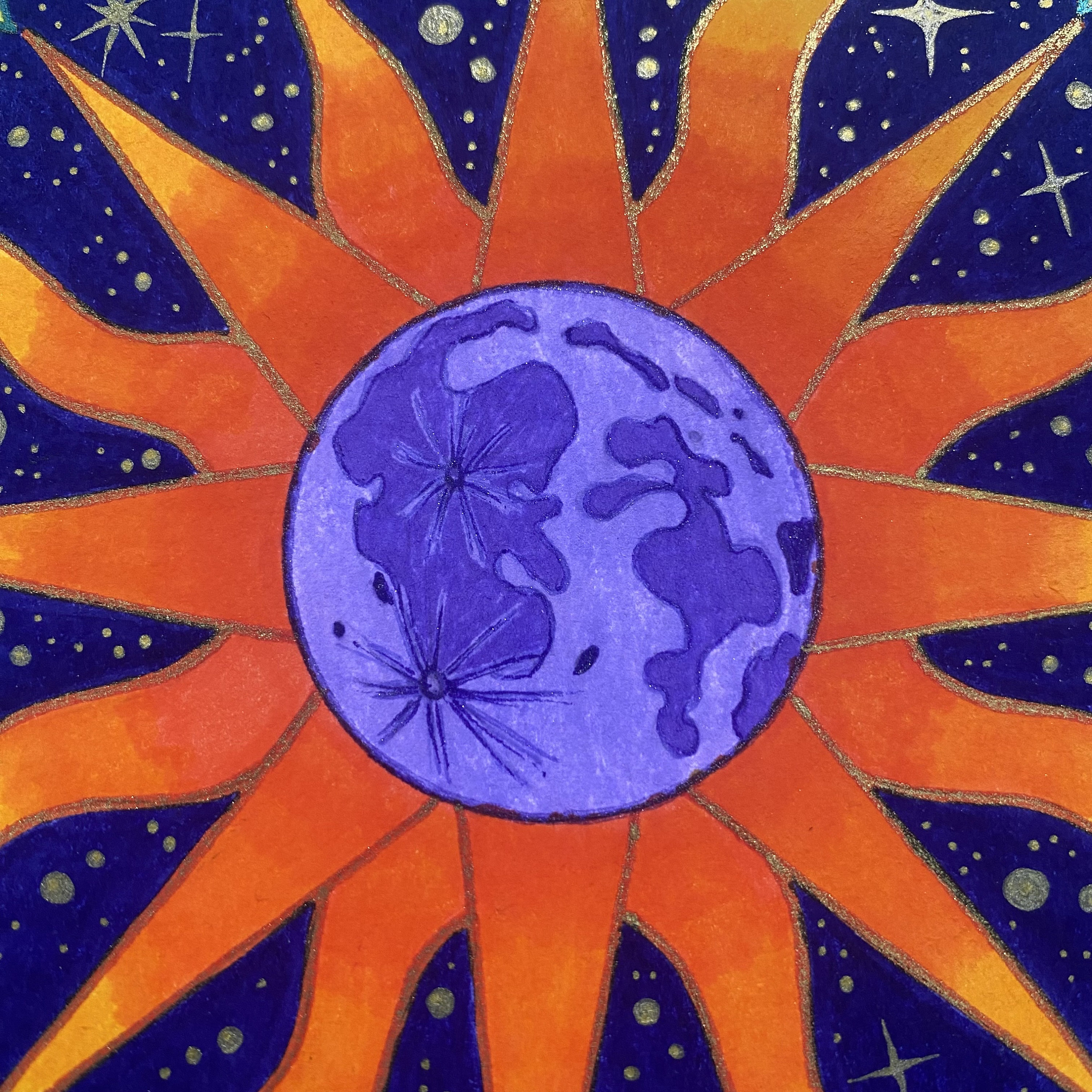 Solar Eclipse Sun Moon Original Drawing Glitter Mandala Celestial ...