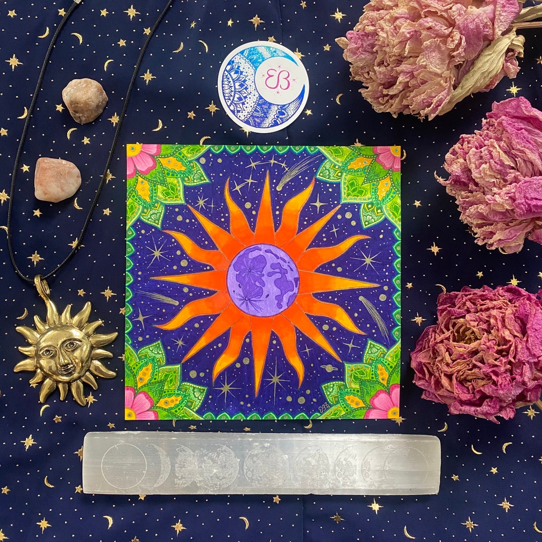 Solar Eclipse Sun Moon Original Drawing Glitter Mandala Celestial ...