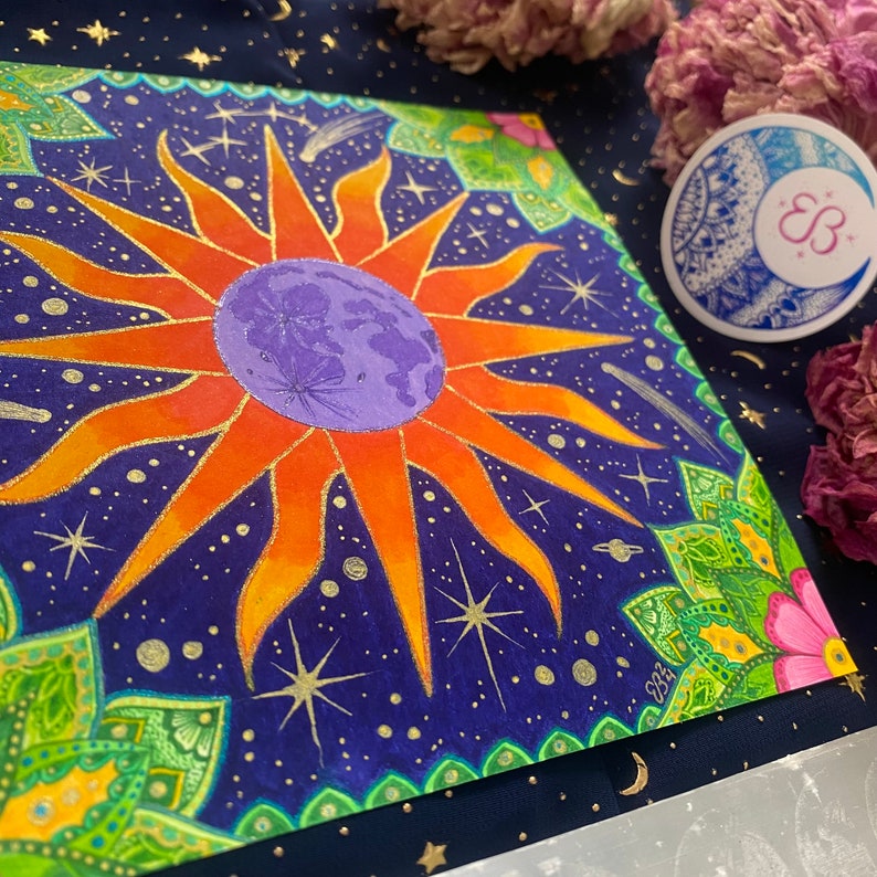 Solar Eclipse Sun Moon Original Drawing Glitter Mandala Celestial ...