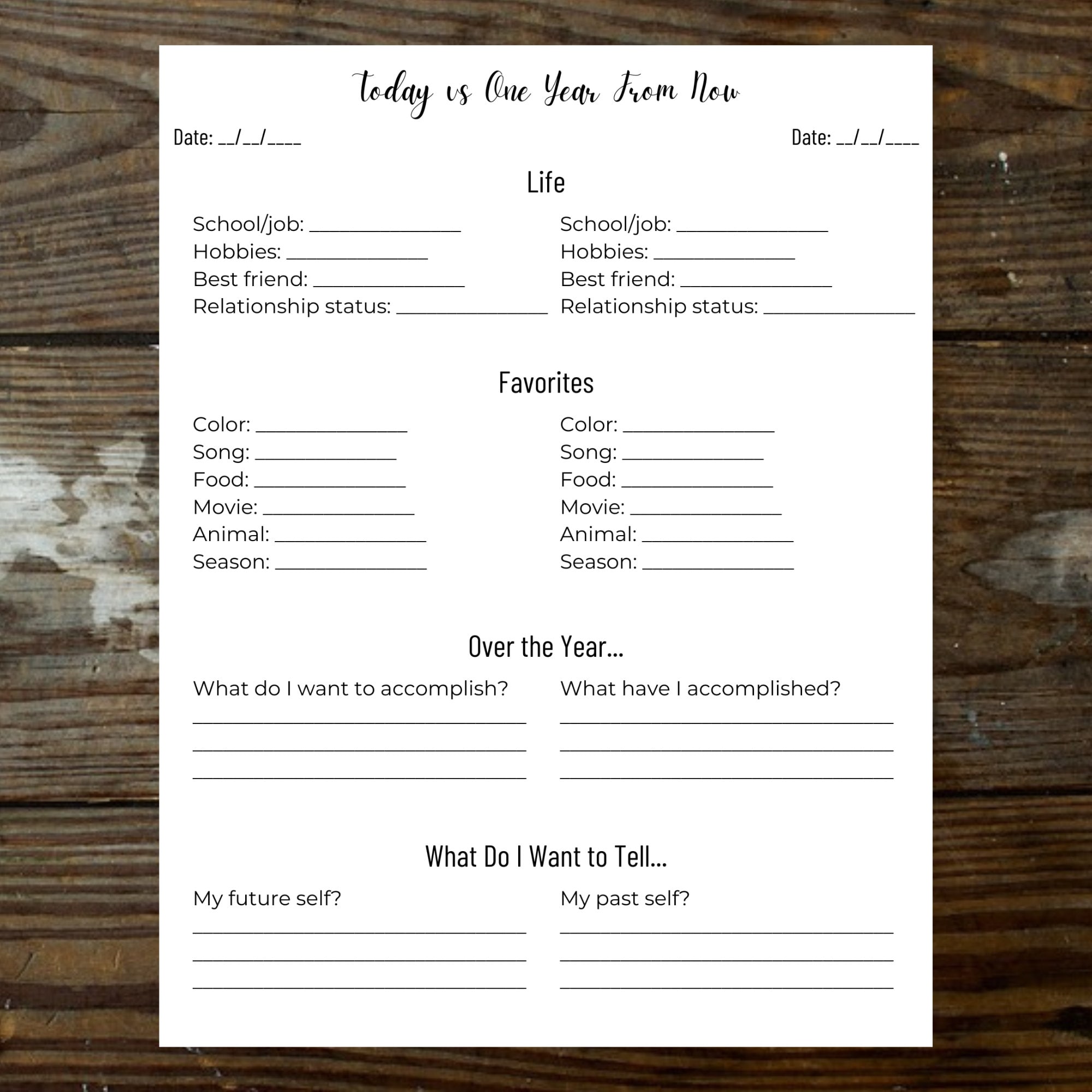 Today Vs One Year From Now - Time Capsule Yearly Reflection Printable ...