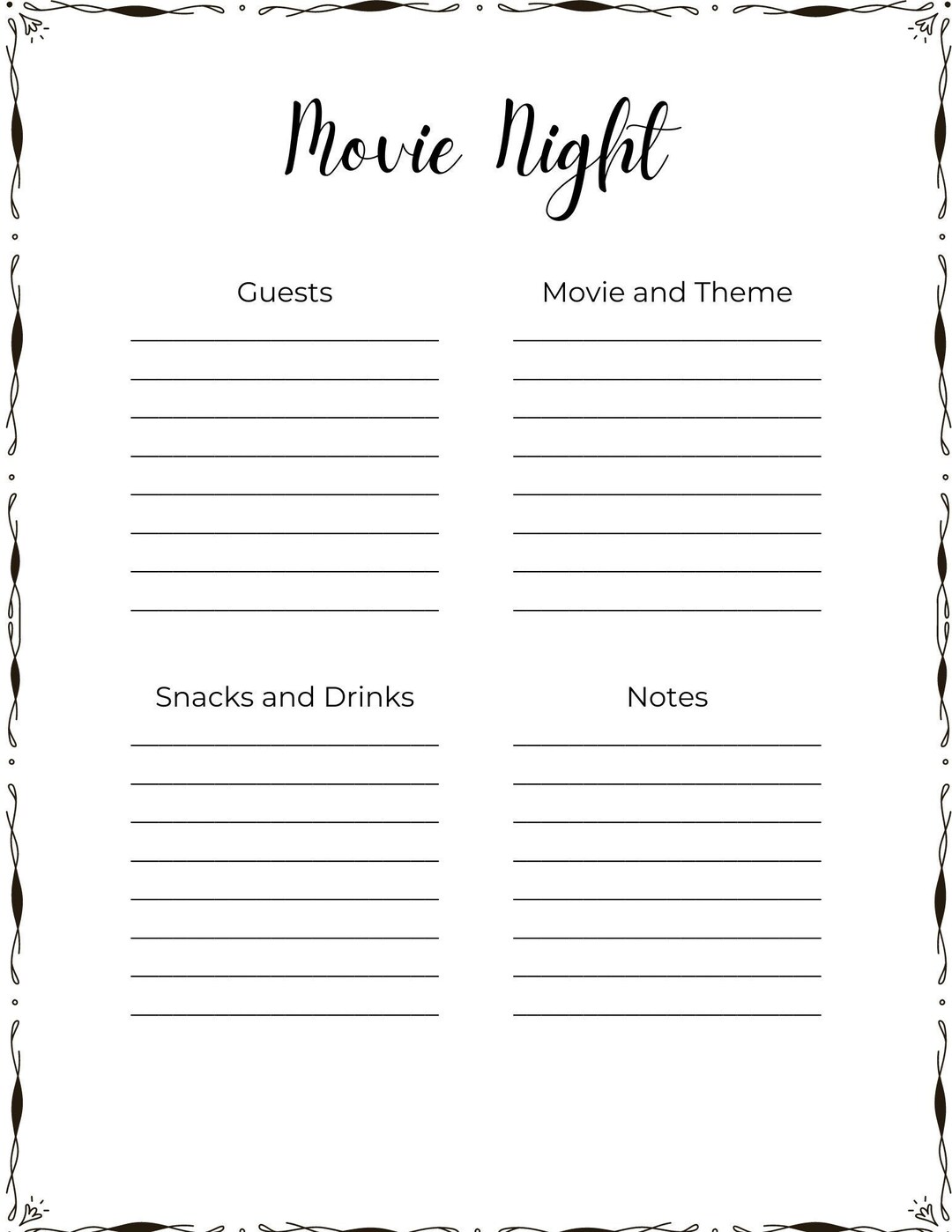 Movie Night Planner Fun Activity Friends Family Gathering Printable ...