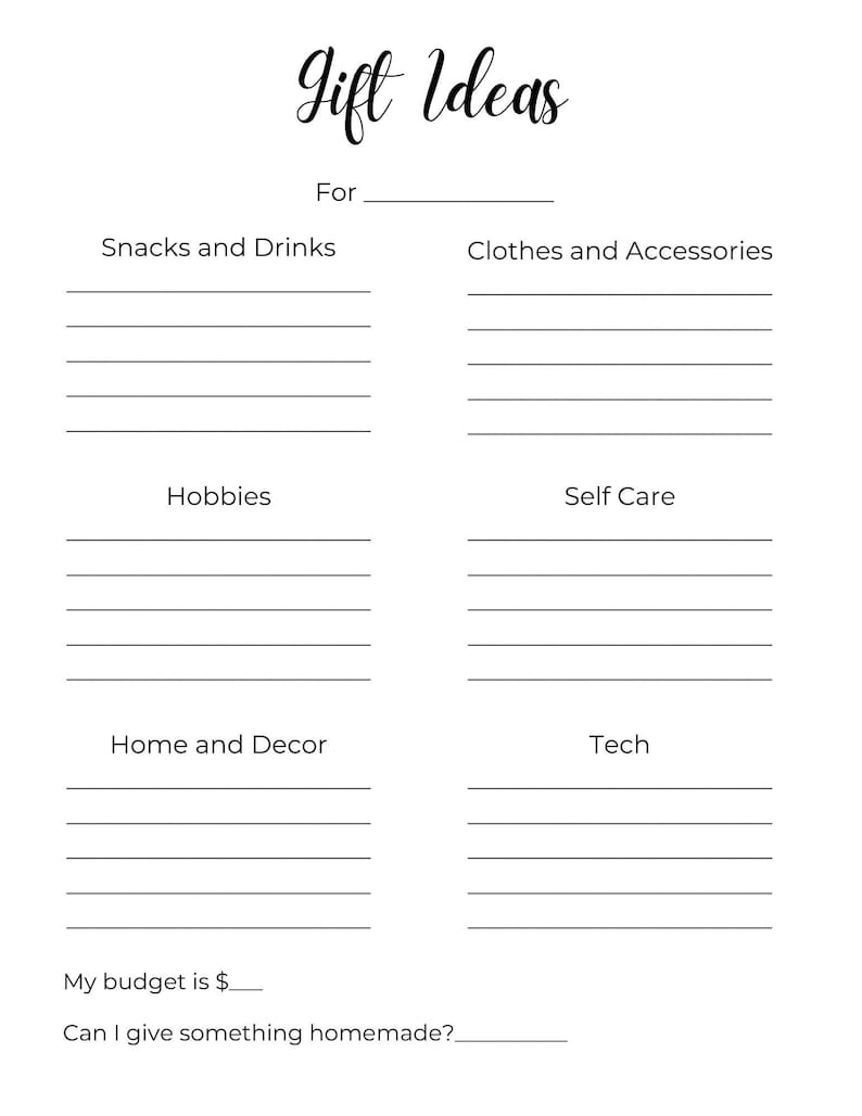 Gift Ideas - Holiday Birthday Brainstorming Printable - Etsy