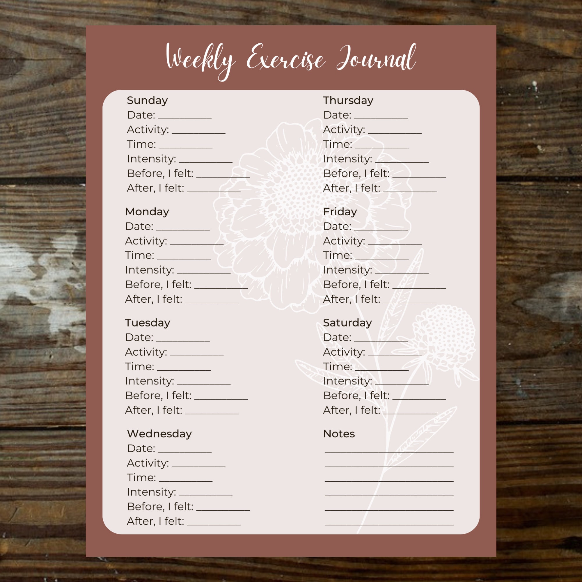 Weekly Exercise Journal - Personal Workout Planner Printable Page - Etsy