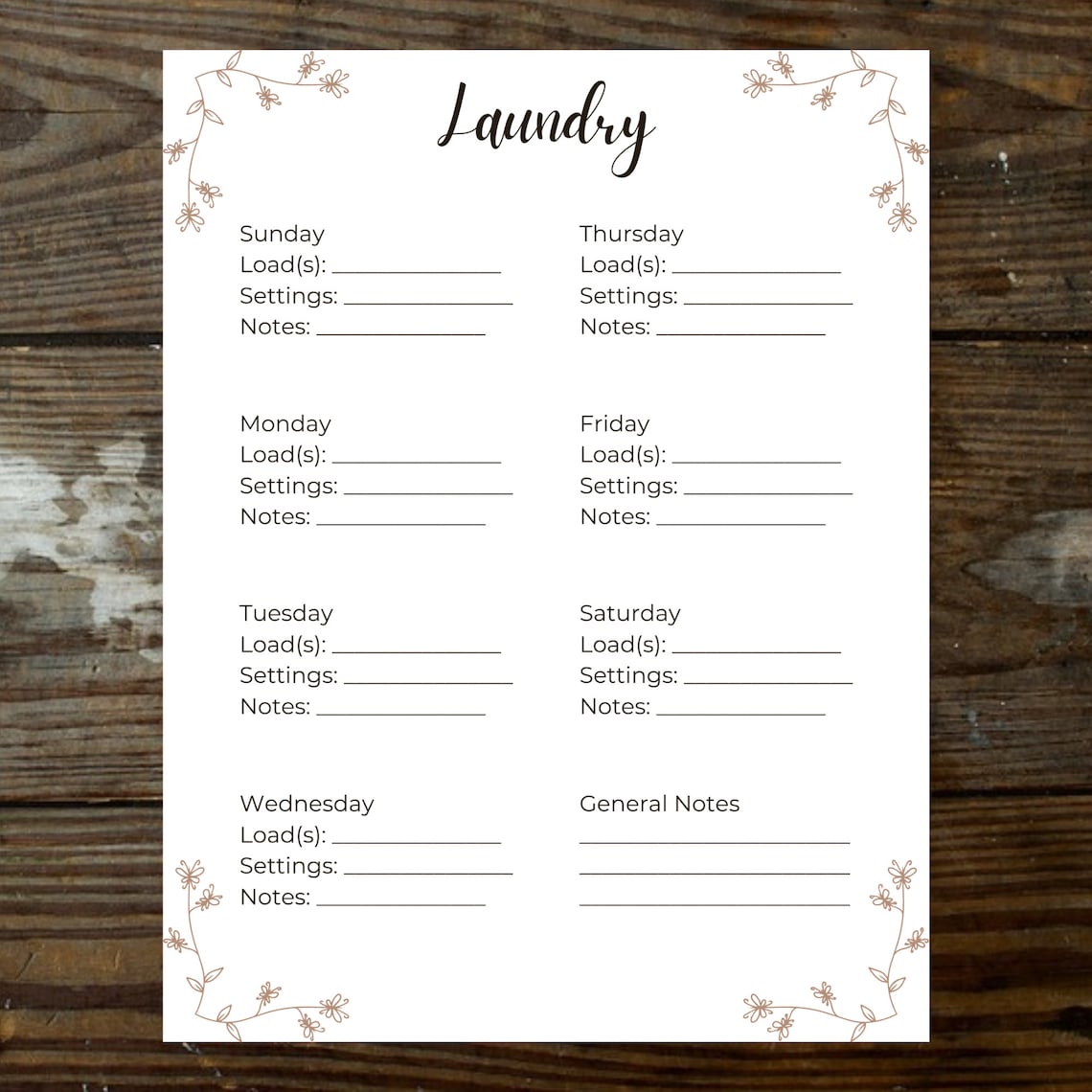Weekly Laundry Schedule Printable Planner for Household Apartment Dorm ...